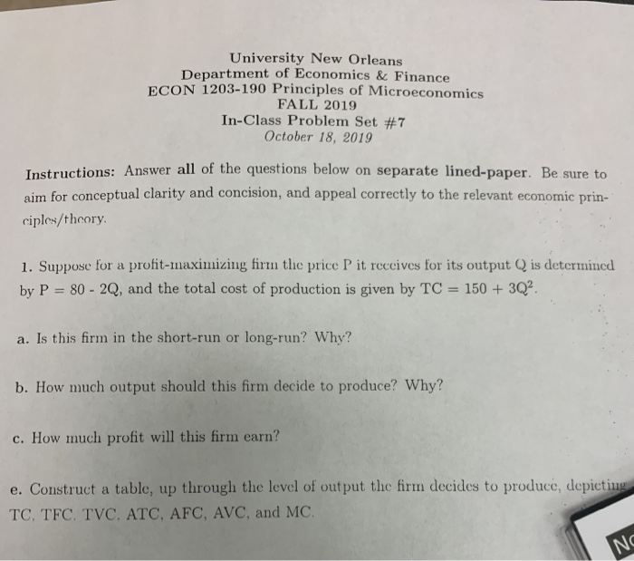 Solved University New Orleans Department of Economics & | Chegg.com