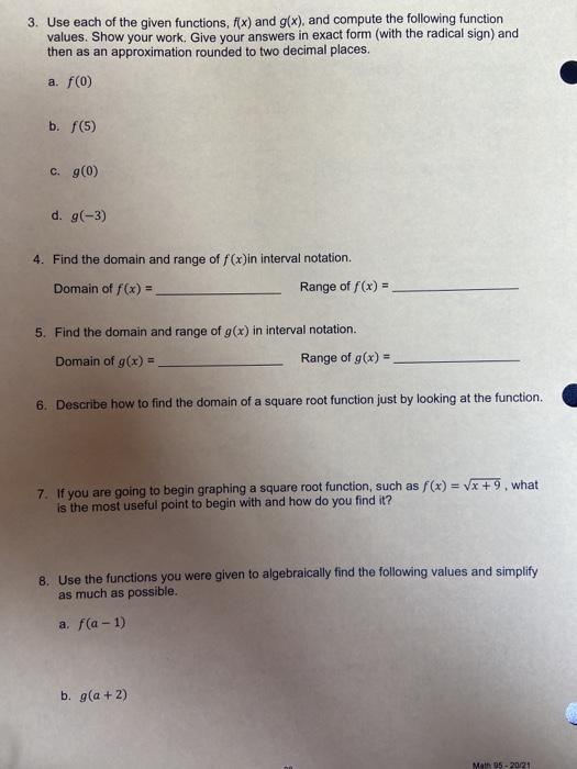 Solved Math 95 Name: Radical Functions Exploration Topics: • | Chegg.com