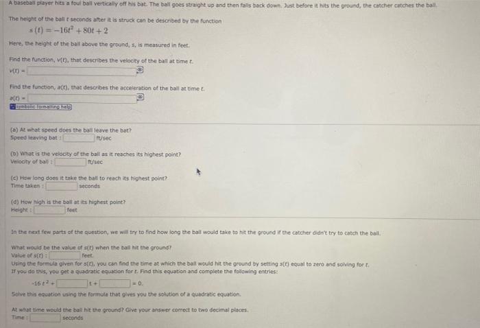 Solved s(t)=−16t2+80t+2 Here, the height of the ball above | Chegg.com
