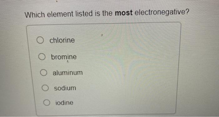 Solved Which element listed is the most electronegative? | Chegg.com