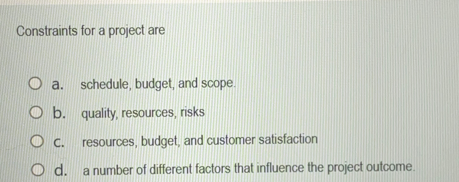 Solved Constraints for a project area. ﻿schedule, budget, | Chegg.com