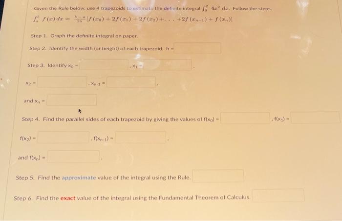 Solved Given the Rule below, use 4 trapezoids to estimatg | Chegg.com