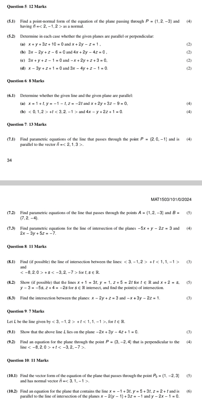 Solved Question 5: 12 ﻿Marks(5.1) ﻿Find a point-normal form | Chegg.com