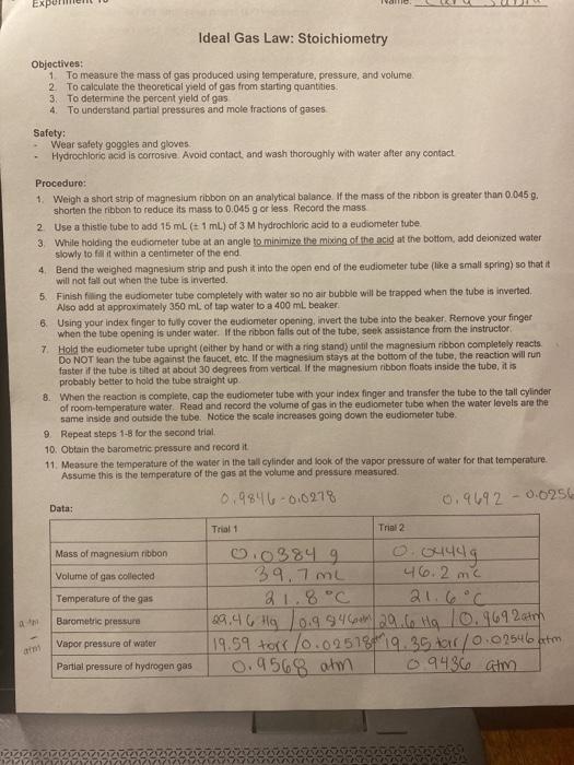 Solved Ideal Gas Law: Stoichiometry Objectives: 1. To | Chegg.com