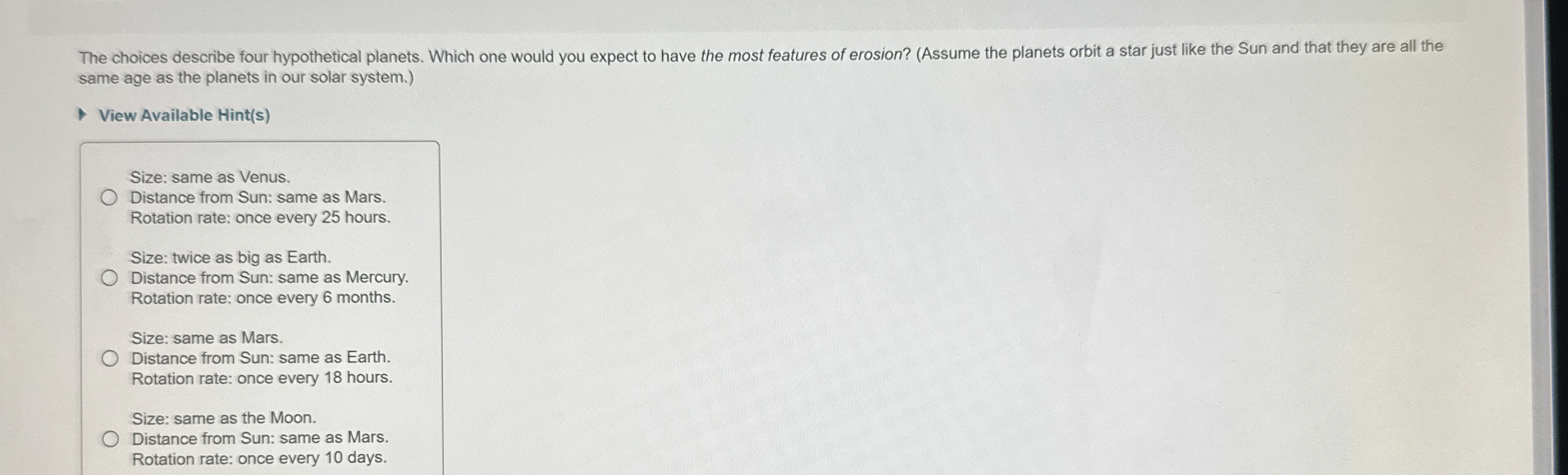 Solved The choices describe four hypothetical planets. Which | Chegg.com