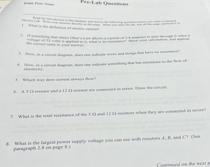 Solved Print Your Name Pre-Lab Questions Read the | Chegg.com