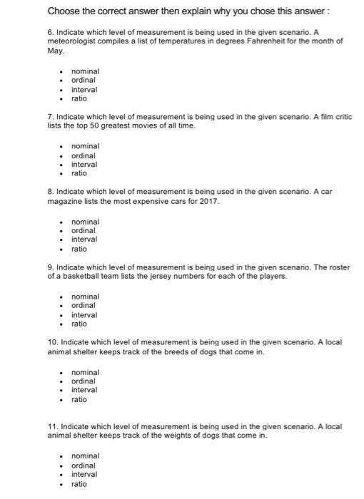 Solved Levels Of Measurement Choose The Correct Answer Then Chegg