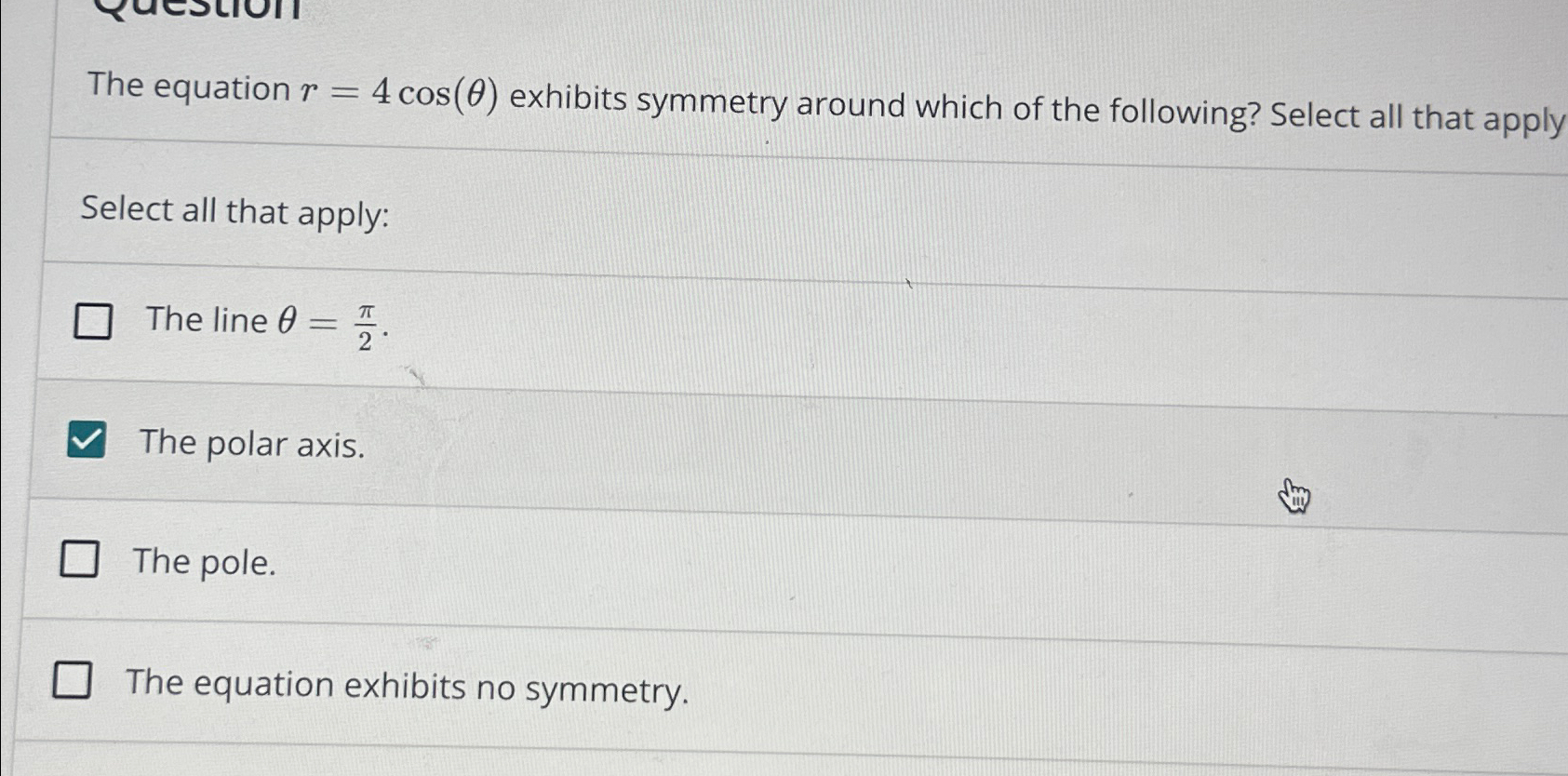 Solved The equation r=4cos(θ) ﻿exhibits symmetry around | Chegg.com