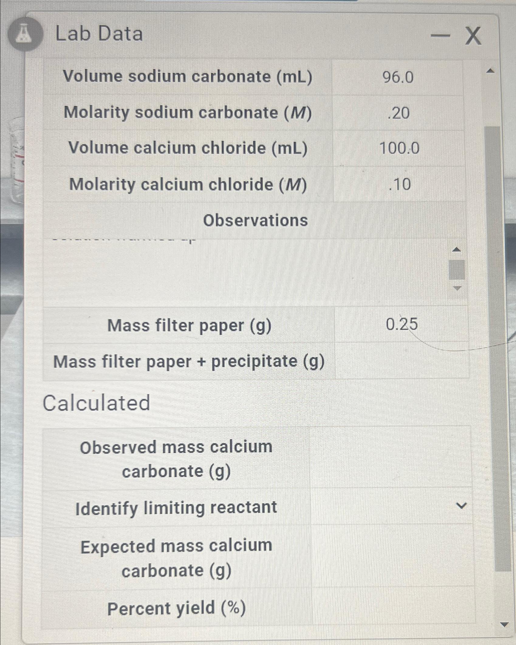Lab Data\table[[Volume sodium carbonate | Chegg.com