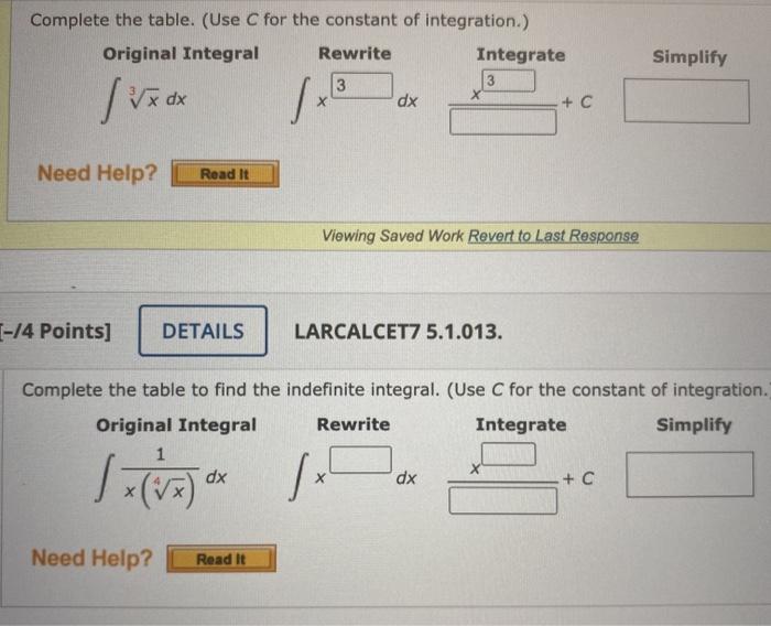 Solved Complete the table. (Use C for the constant of | Chegg.com