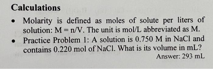 Solved Calculations - Molarity is defined as moles of solute | Chegg.com