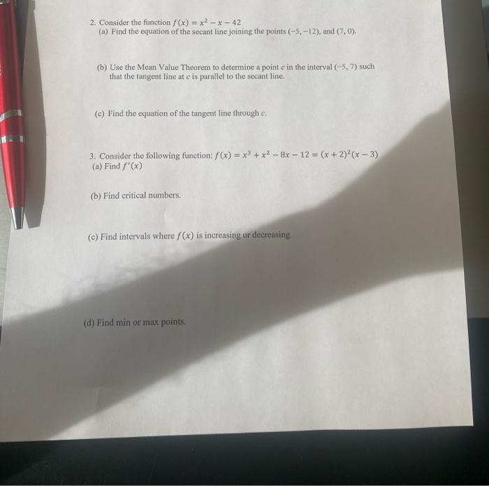 Solved 2. Consider the function f(x)=x2−x−42 (4) Find the | Chegg.com