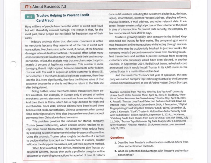 Solved IT's About Business 7.3 MIS Trustev: Helping to | Chegg.com