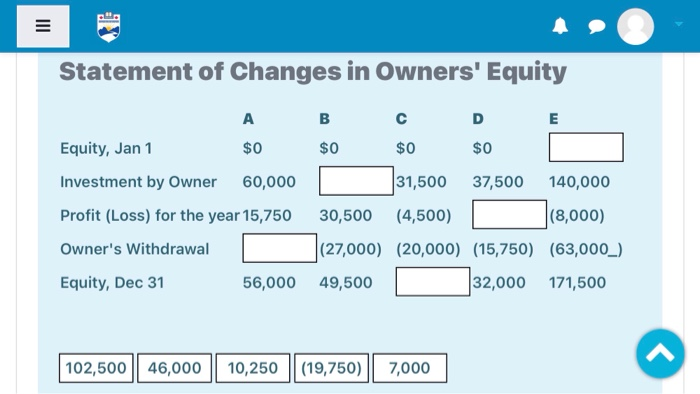 Solved Statement of Changes in Owners' Equity А B с D E | Chegg.com