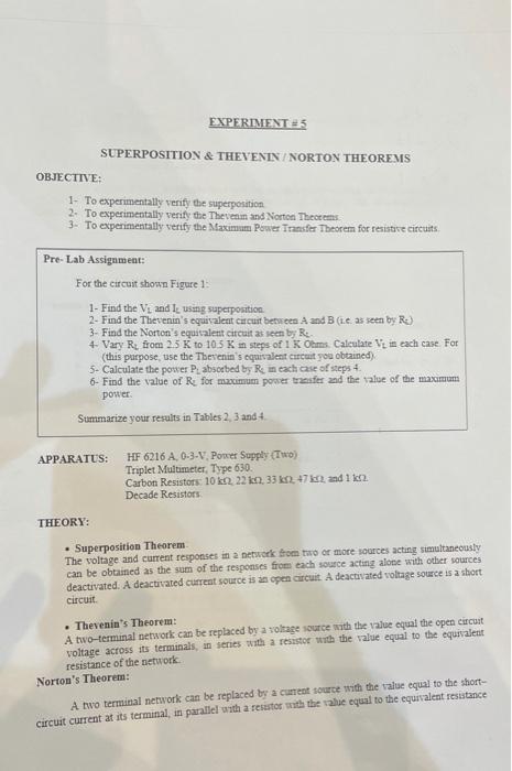 Solved EXPERIMENTS SUPERPOSITION & THEVENIN / NORTON | Chegg.com