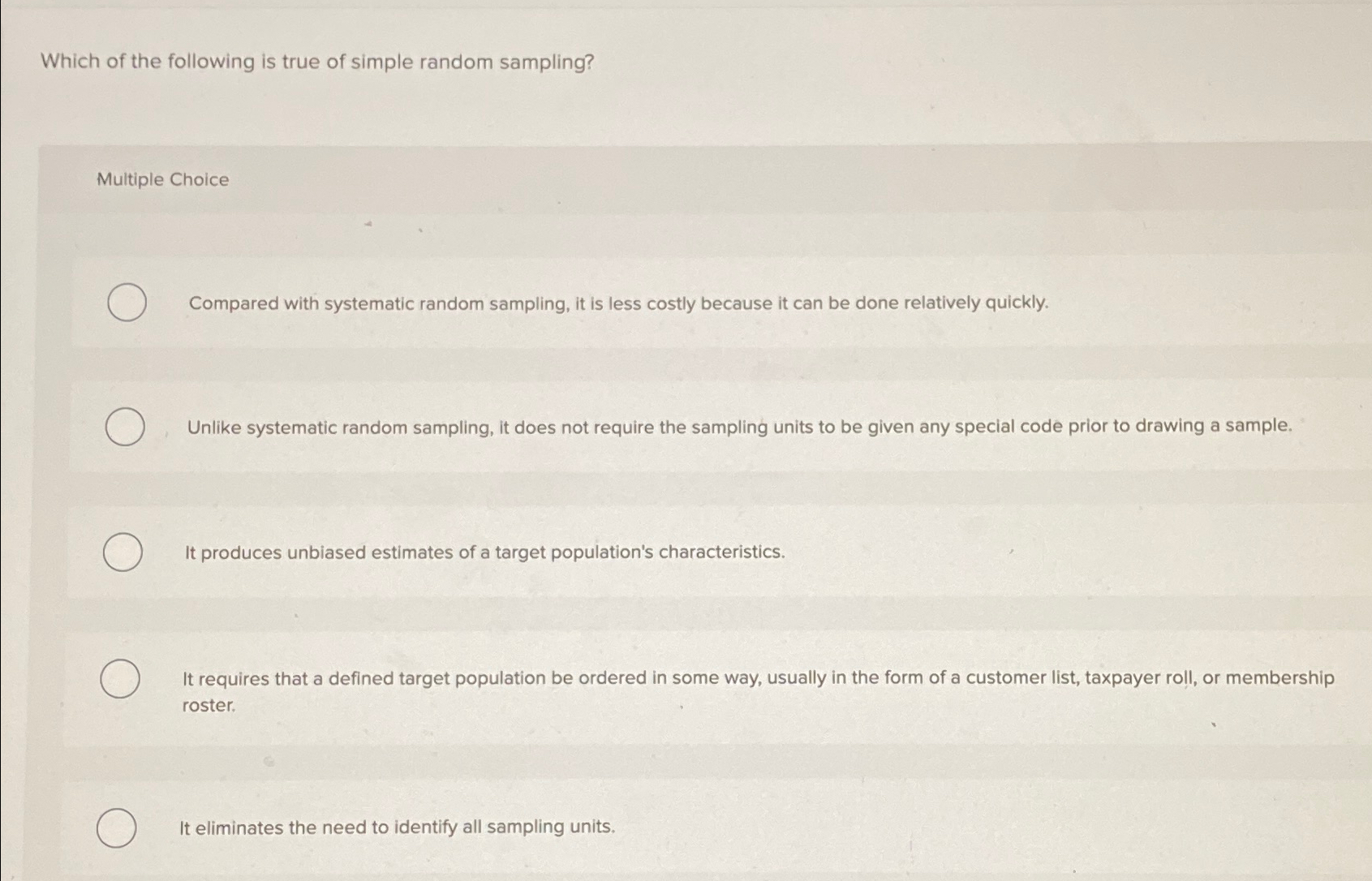 Solved Which of the following is true of simple random | Chegg.com