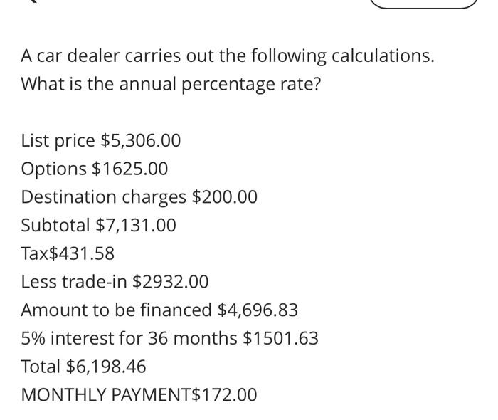 Solved A car dealer carries out the following calculations. | Chegg.com
