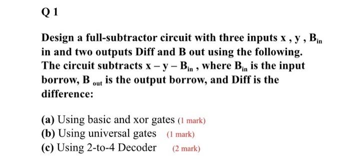 Solved Q1 Design a full-subtractor circuit with three inputs | Chegg.com