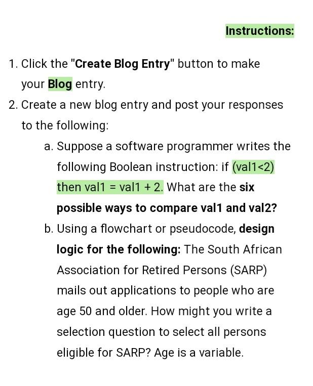 Solved Instructions: 1. Click the "Create Blog Entry" button | Chegg.com