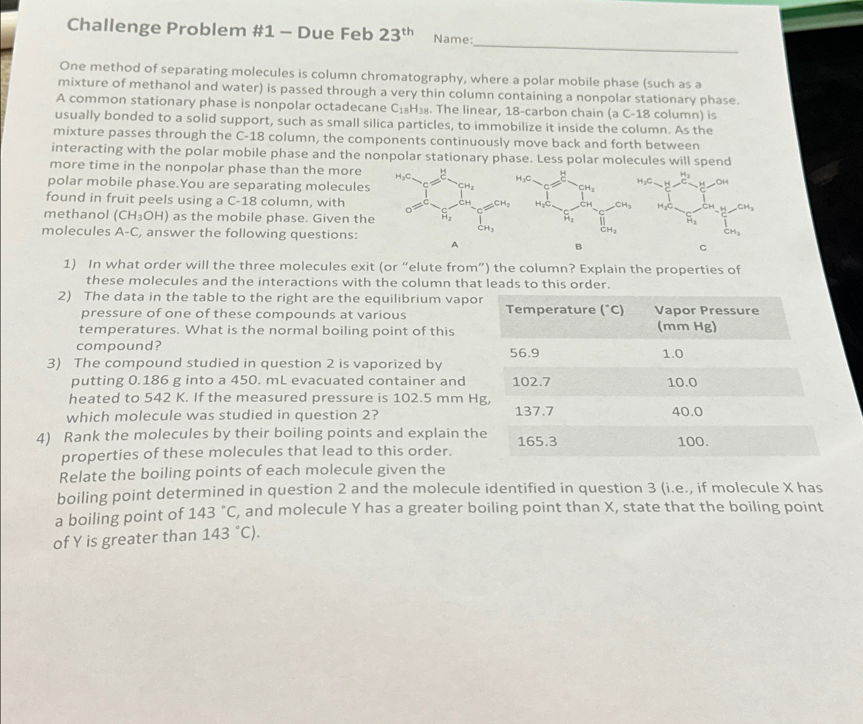 Solved Challenge Problem #1 - ﻿Due Feb 23th NameOne method | Chegg.com