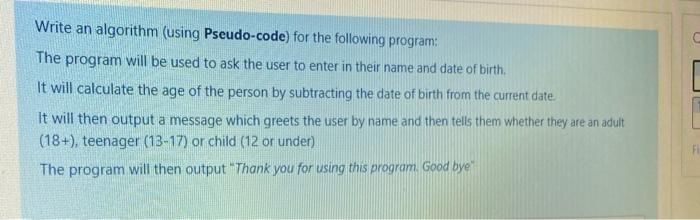 Solved Write an algorithm (using Pseudo-code) for the | Chegg.com