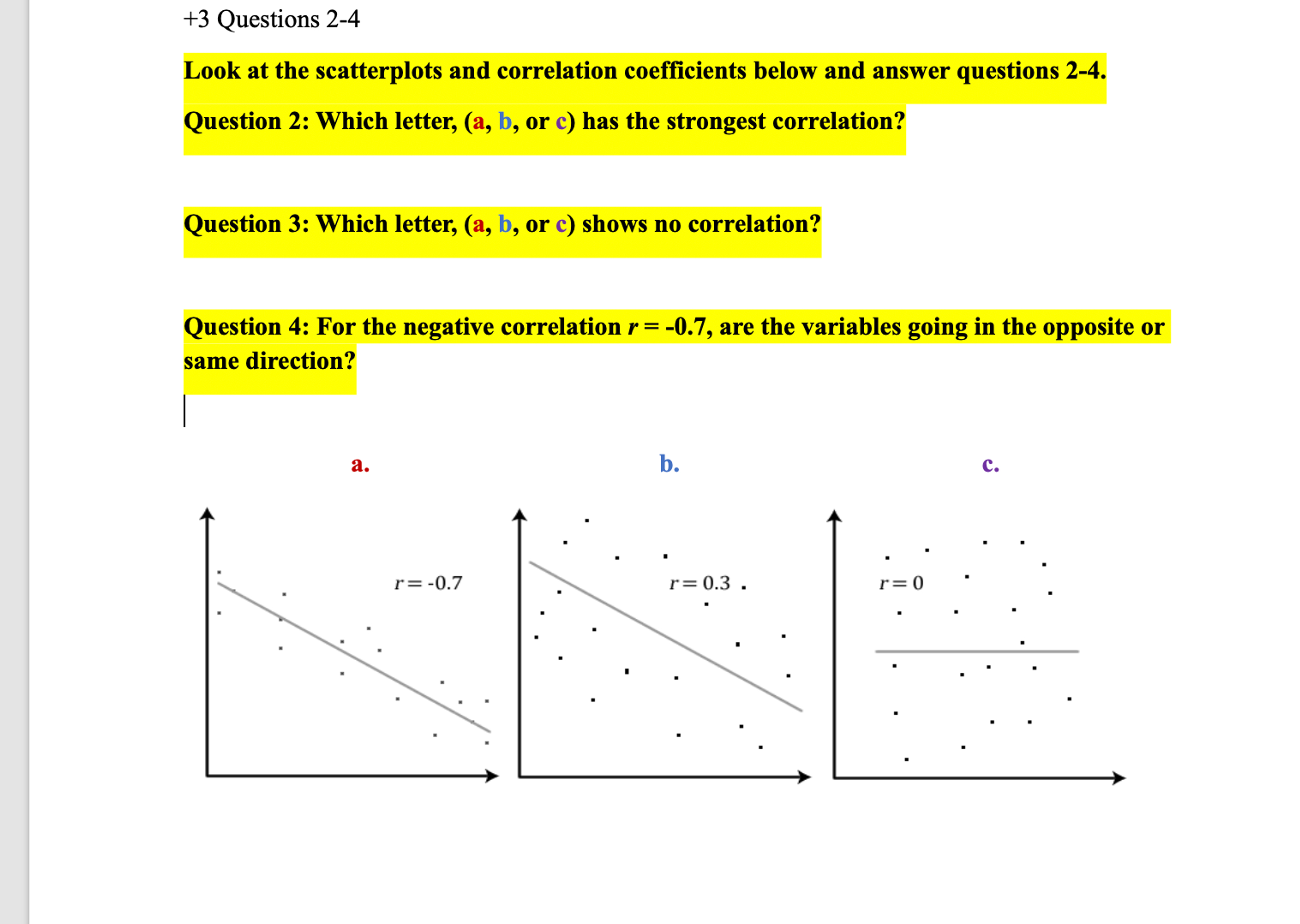 Solved +3 ﻿Questions 2-4Look at the scatterplots and | Chegg.com