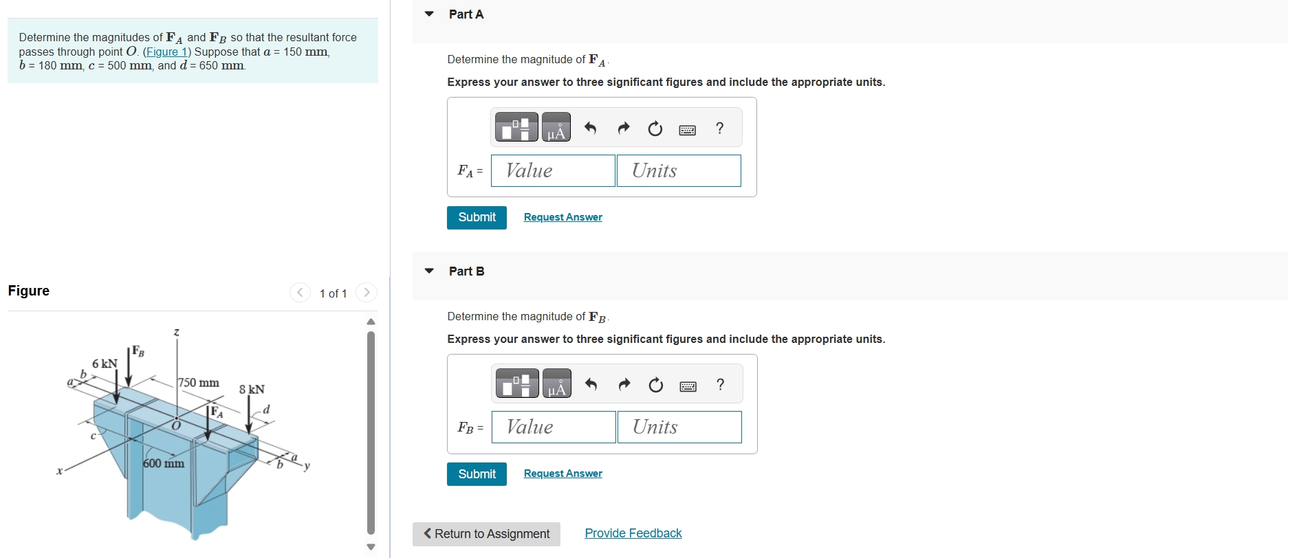 Solved Part ADetermine the magnitudes of FA ﻿and FB so ﻿that | Chegg.com