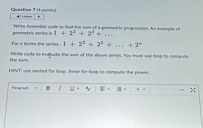 Solved Write Assembly code to find the sum of a geometric | Chegg.com