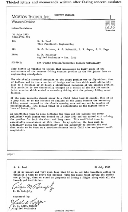 Thiokol letters and memoranda written after O-ring | Chegg.com