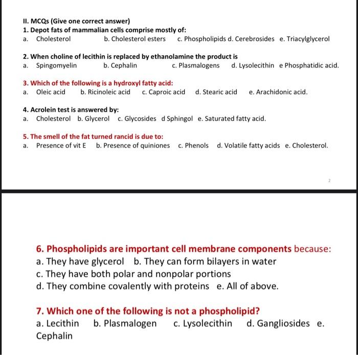 Solved II. MCQs (Give one correct answer) 1. Depot fats of | Chegg.com