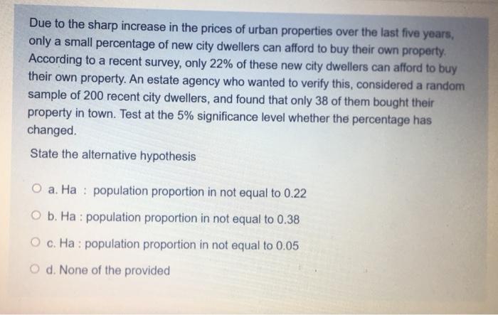 Solved Due to the sharp increase in the prices of urban | Chegg.com