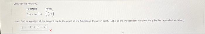 Solved Consider the following. Function f(x)=tan2(x) Point | Chegg.com