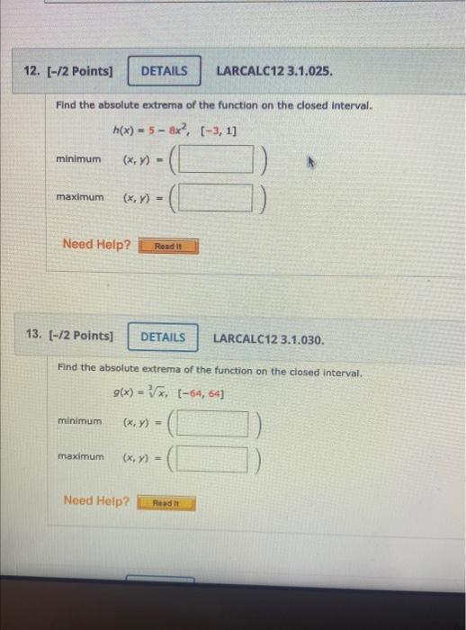 Solved Find the absolute extrema of the function on the | Chegg.com