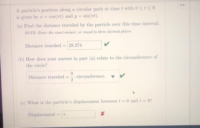 Solved Edit A particle's position along a circular path at | Chegg.com