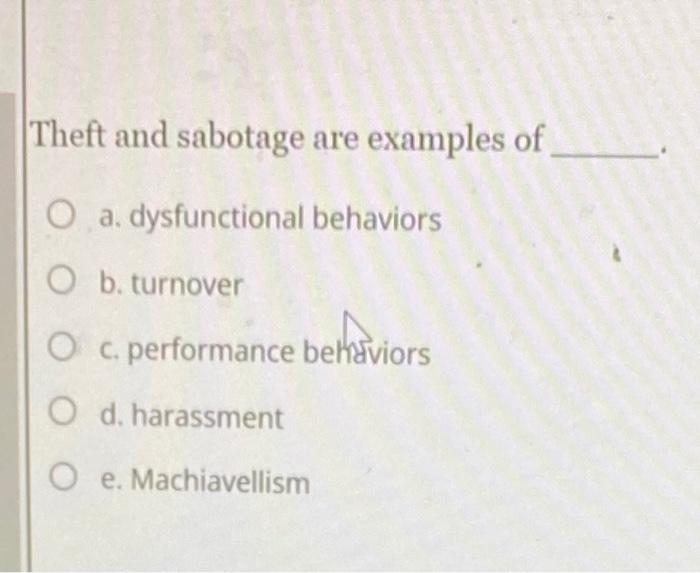 Solved Theft and sabotage are examples of O a. dysfunctional | Chegg.com