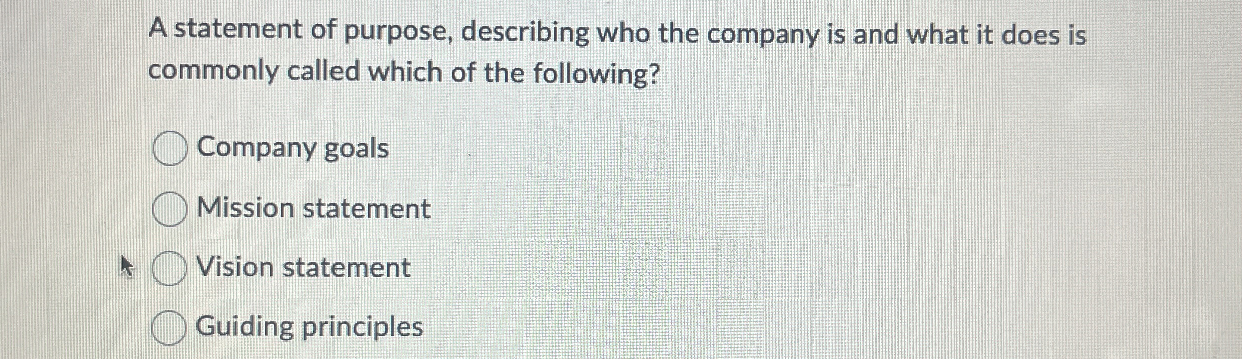 Solved A statement of purpose, describing who the company is | Chegg.com