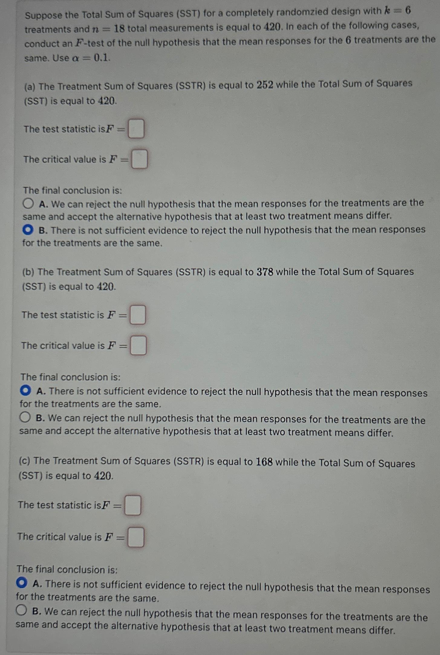 Solved Suppose the Total Sum of Squares (SST) ﻿for a | Chegg.com