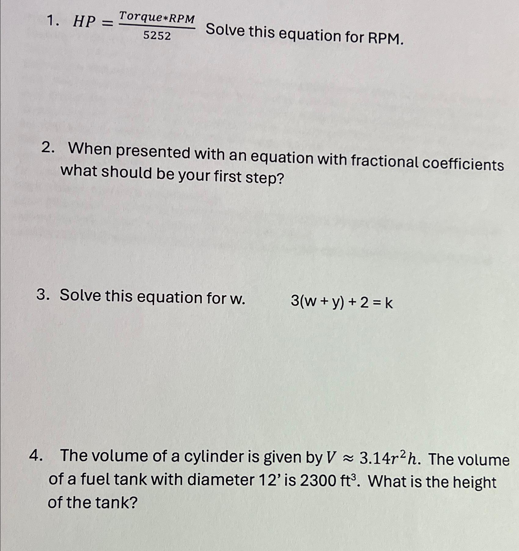 Solved HP= Torque **RPM5252 ﻿Solve this equation for | Chegg.com