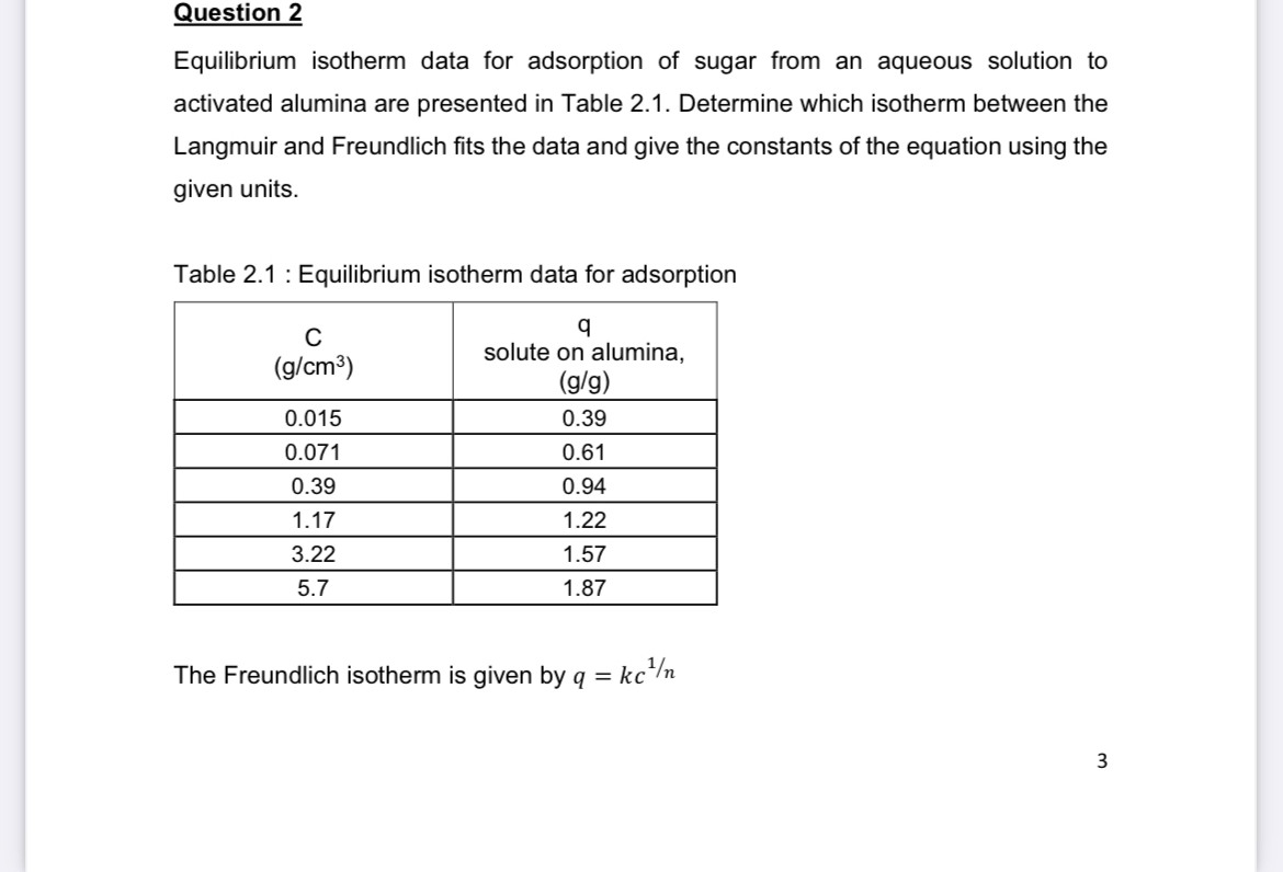 Solved Question 2Equilibrium isotherm data for adsorption of | Chegg.com