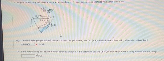 Solved A trough is 12 feet long and 3 feet across the top | Chegg.com
