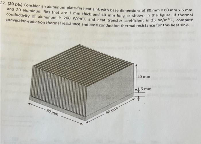 Solved 7. (20 pts) Consider an aluminum plate-fin heat sink | Chegg.com