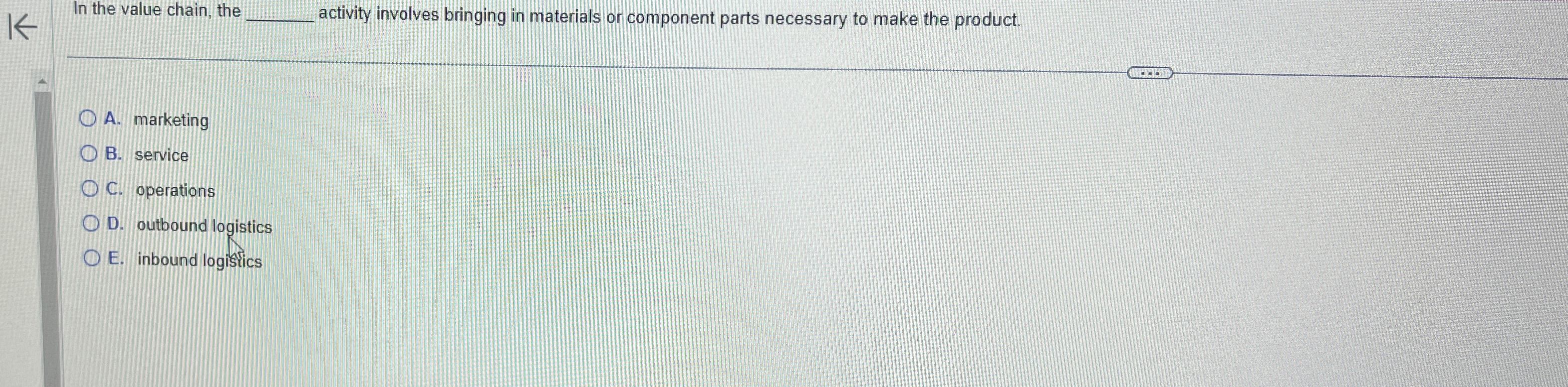Solved In the value chain, the activity involves bringing in | Chegg.com