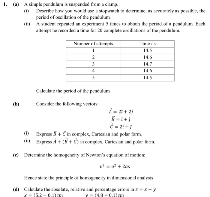 Solved 1. (a) A simple pendulum is suspended from a clamp. | Chegg.com