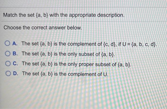 Solved Match the set {a, b} with the appropriate | Chegg.com
