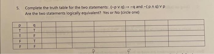 Solved 5. Complete the truth table for the two statements: | Chegg.com