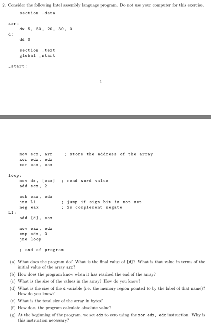 Consider the following Intel assembly language | Chegg.com