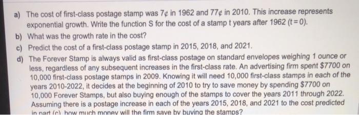 Solved a) The cost of first-class postage stamp was 7e in | Chegg.com