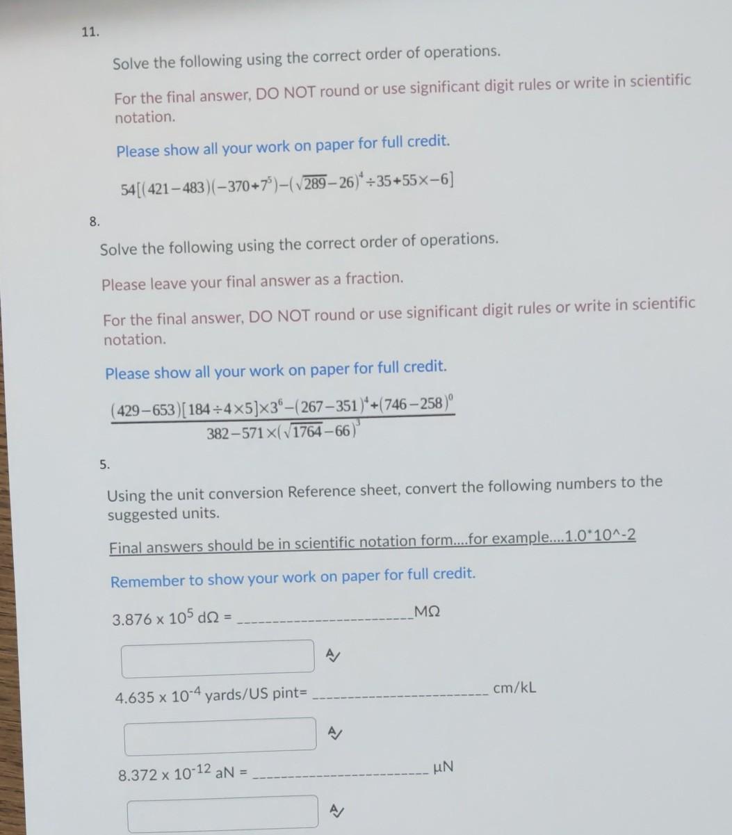Solved 11. Solve the following using the correct order of | Chegg.com