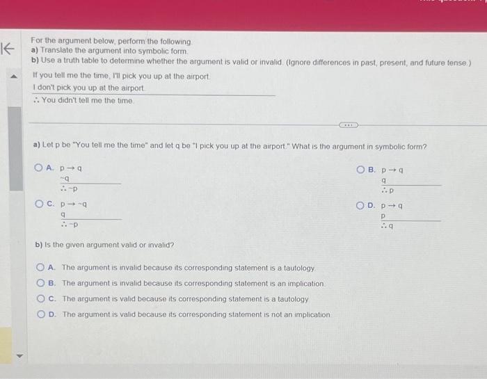 Solved K For the argument below, perform the following. a) | Chegg.com