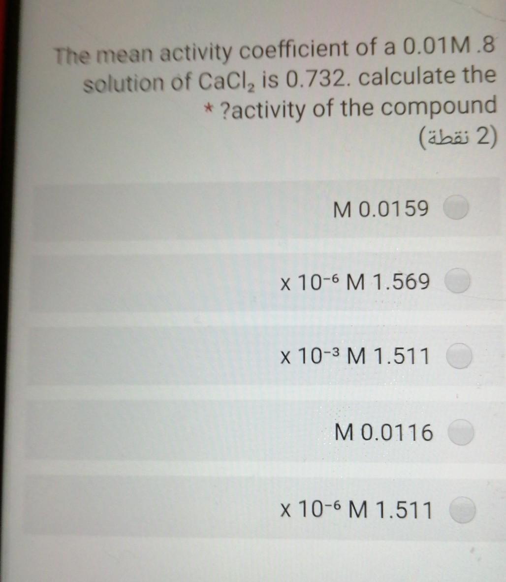Solved The mean activity coefficient of a 0.01M.8 solution | Chegg.com